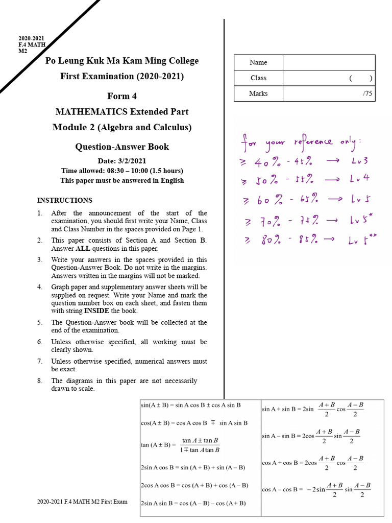 2223 1st Exam F4 M2 Past Paper | PDF | Mathematics | Algebra