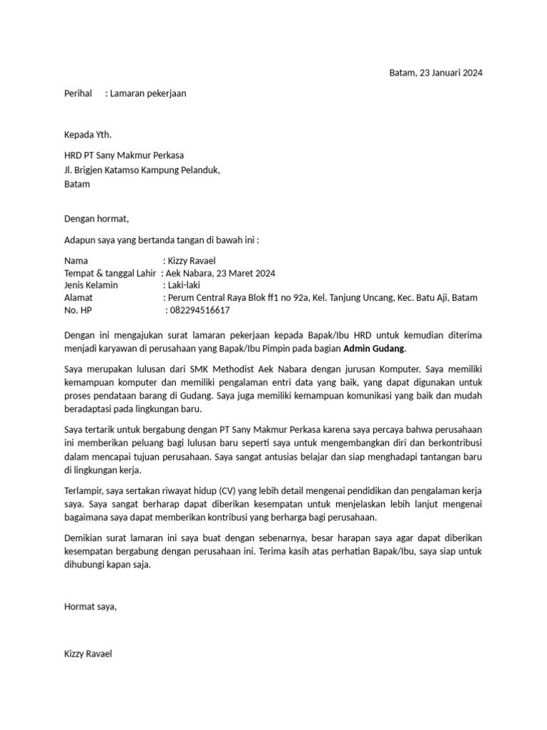 Surat Lamaran Admin Gudang | PDF