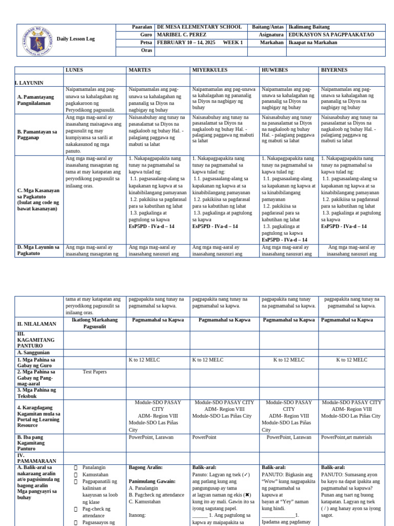 DLL Week 1-Q4 Esp 5 | PDF