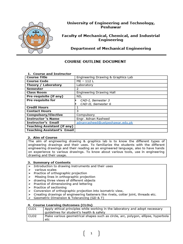 Course Outline Engineering Drawing & Graphics Lab 2025 | PDF ...