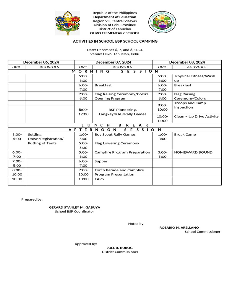 2024 2025 BSP School Camp Matrix | PDF | Outdoor Recreation | Outdoor Recreation Organizations