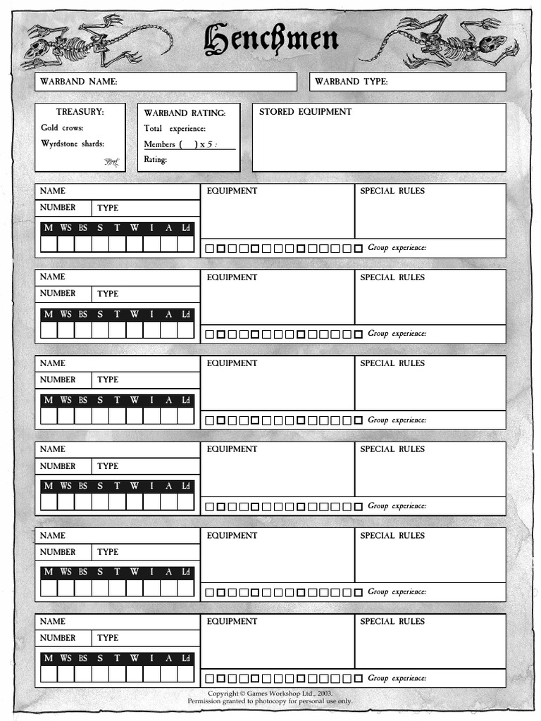 Mordheim Warband Sheets | PDF