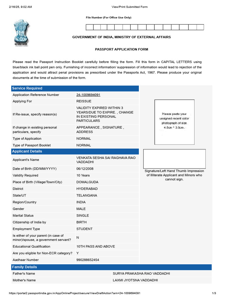 VADDADHI V S S Raghava Rao Submitted Passport Application Form | PDF ...