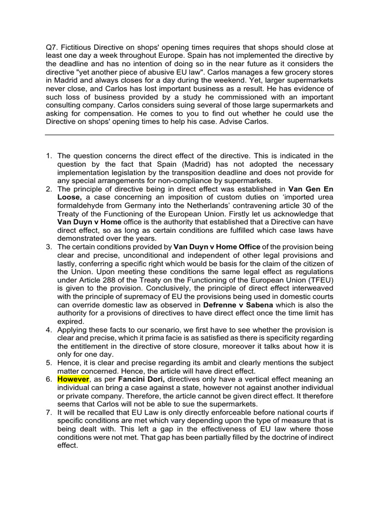 Q7. Direct Effect of Directives | PDF | European Union Law | Directive (European Union)