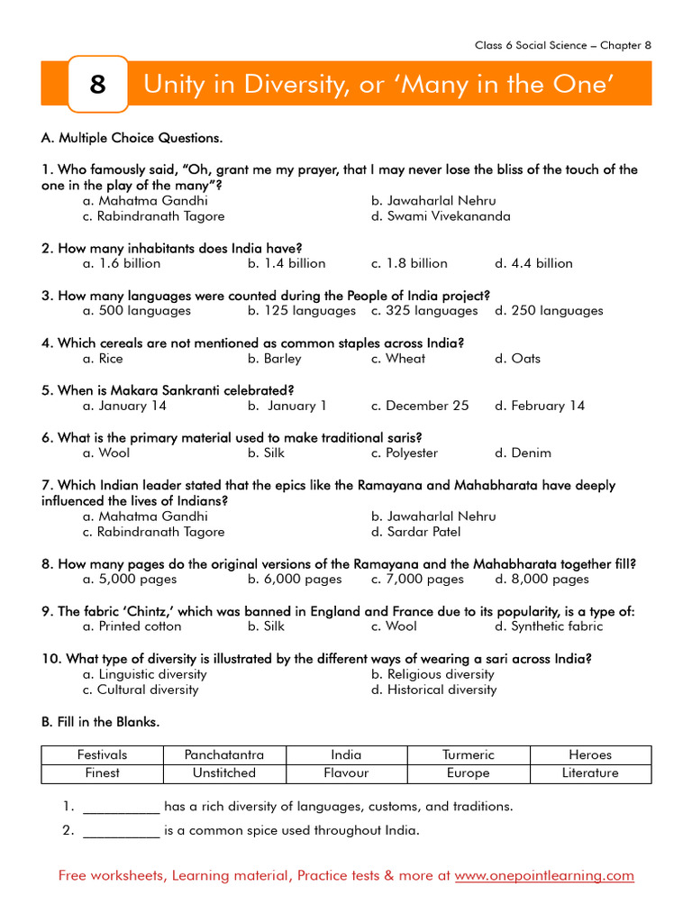 Chapter 8 Unity in Diversity Worksheet | PDF | Textiles | Indian Cuisine