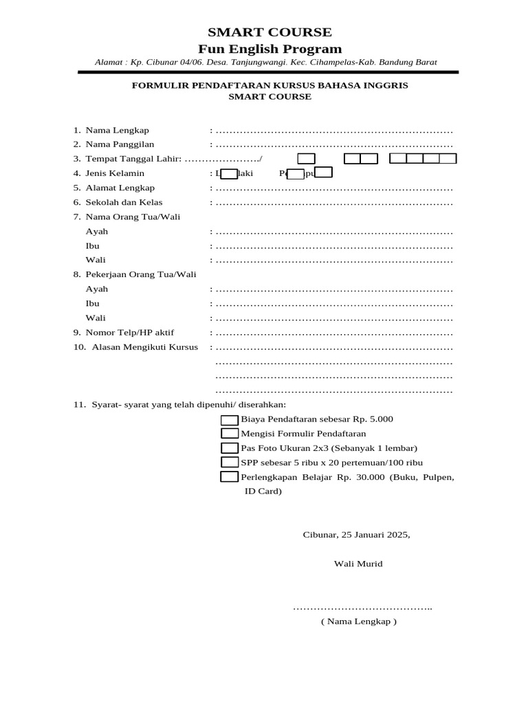 Formulir Pendaftaran Kursus Bahasa Inggris | PDF