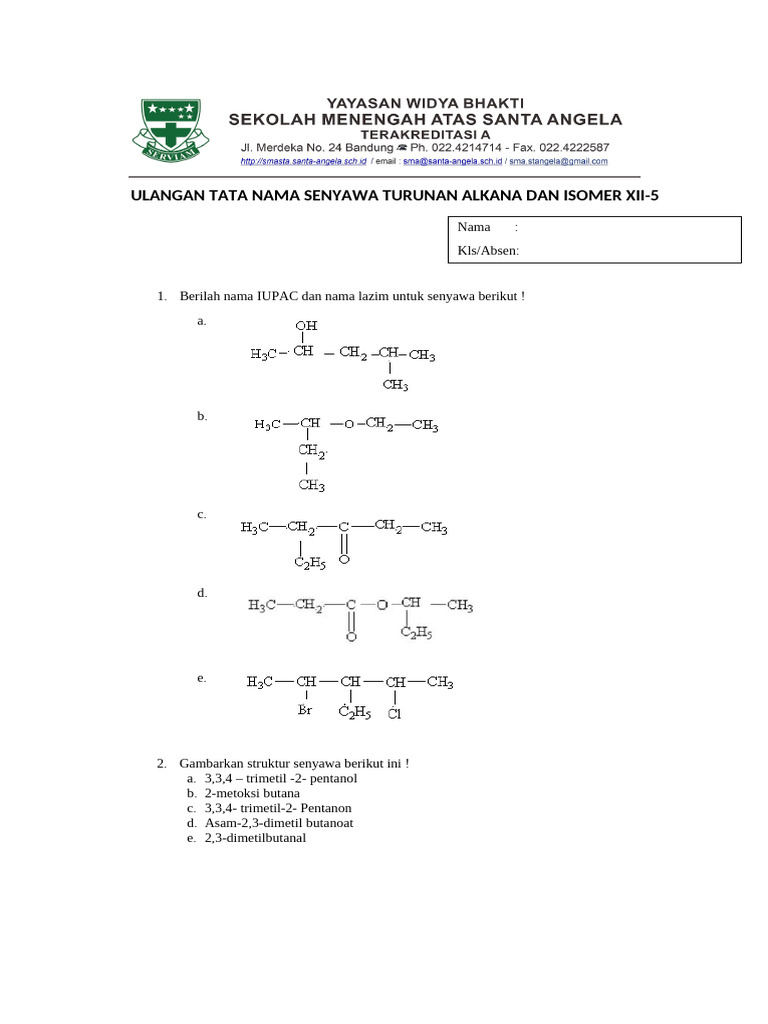 Soal Ulangan Tata Nama Senyawa Turunan Alkana Dan Isomer Xii-5 | PDF