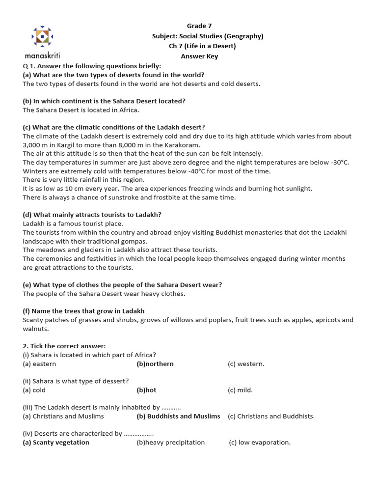G7 Geography CH 7 Answer Key | PDF | Desert | Sahara