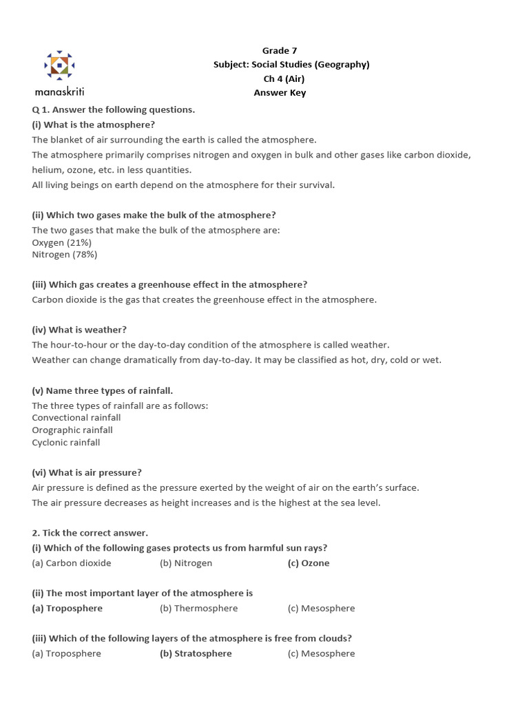G7 Geography CH 4 Answer Key | PDF | Atmosphere Of Earth | Atmosphere