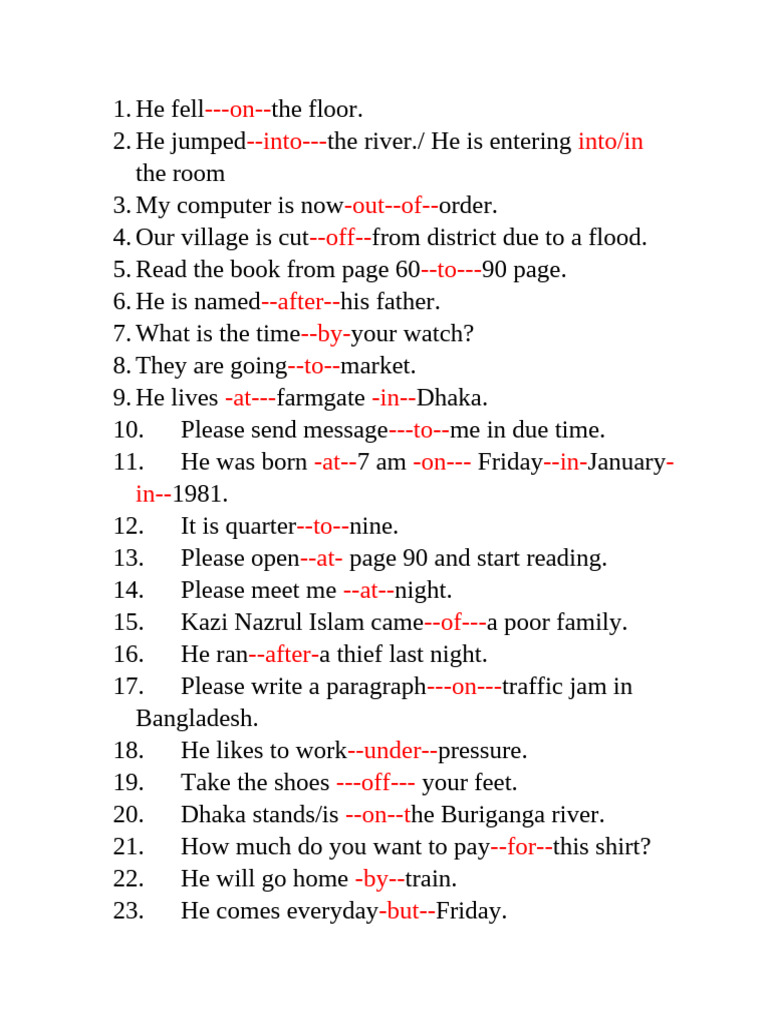 Preposition Practice (Meaning) | PDF