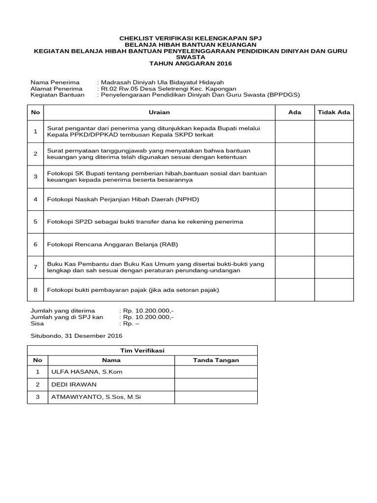 Cheklist Verifikasi Kelengkapan SPJ | PDF
