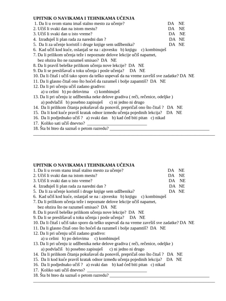 Upitnik o Navikama I Tehnikama Učenja | PDF