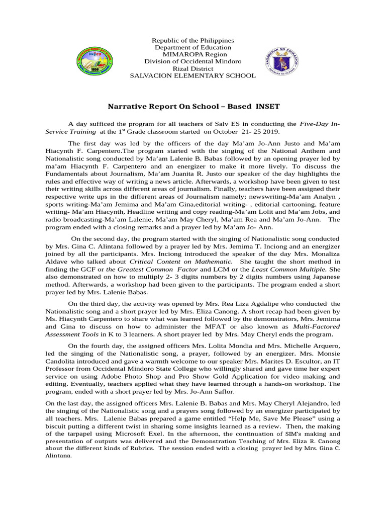 A Narrative Report On INSET | PDF | Cognition | Human Communication