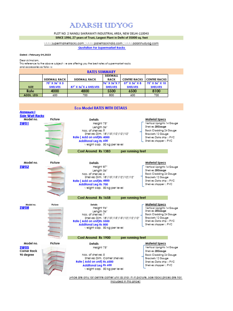 Quotation For Supermarket Racks - Adarsh - 4.2.23 | PDF
