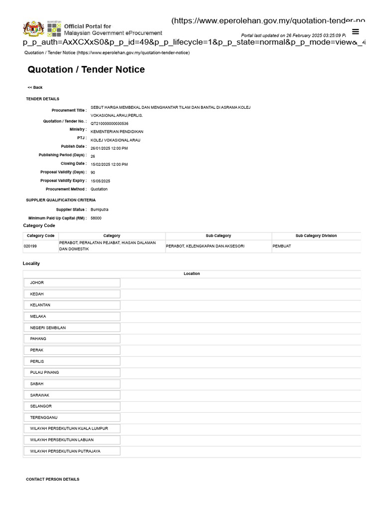 Quotation - Tender Notice - Eperolehan | PDF