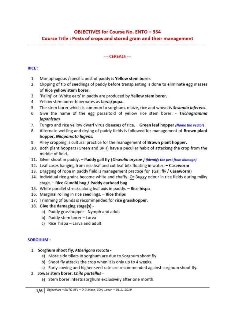ENTO 354: Crop Pest Management Notes | PDF | Rice | Pest (Organism)
