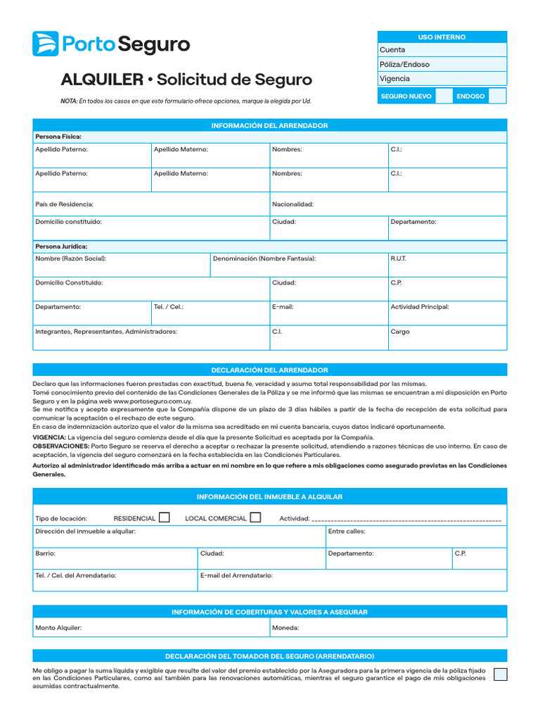 ALQUILER + Cobranza - Solicitud de Seguro (Enero 2023) Editable | PDF | Seguro | Póliza de seguros