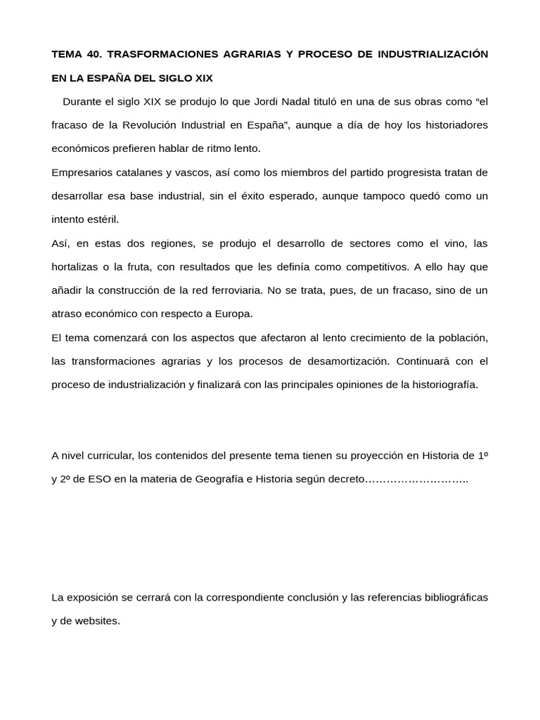 Tema 40. Transformaciones agrarias y proceso de industrialización en la España del siglo XIX ...
