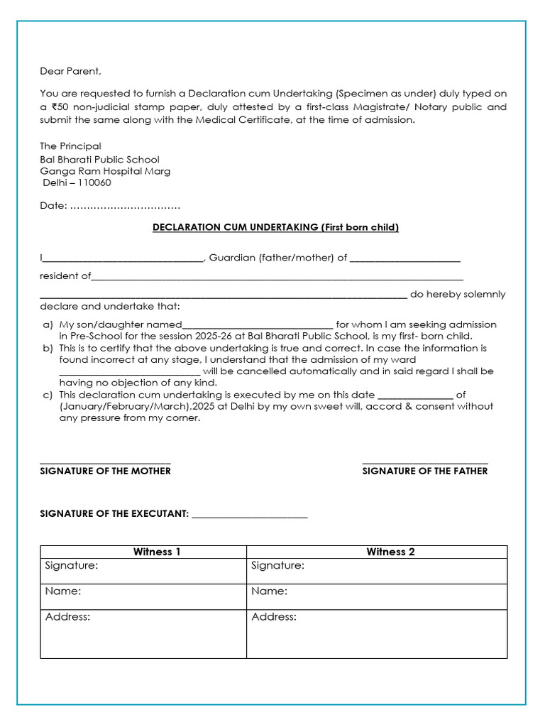 First Born Child Affidavit Format Delhi | PDF