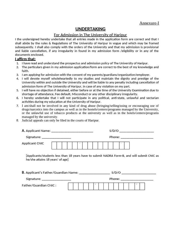 Admission Undertaking Form | PDF | Justice | Crime & Violence