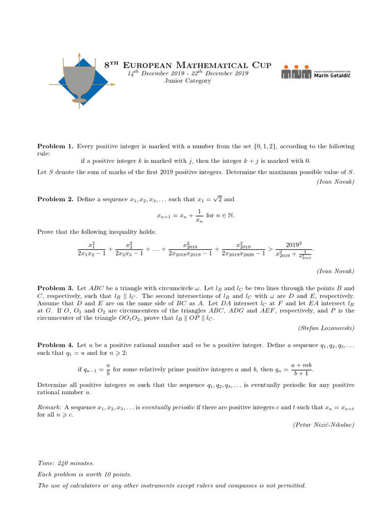 Emc 2019 Juniors Eng-1 | PDF | Discrete Mathematics | Mathematical Analysis