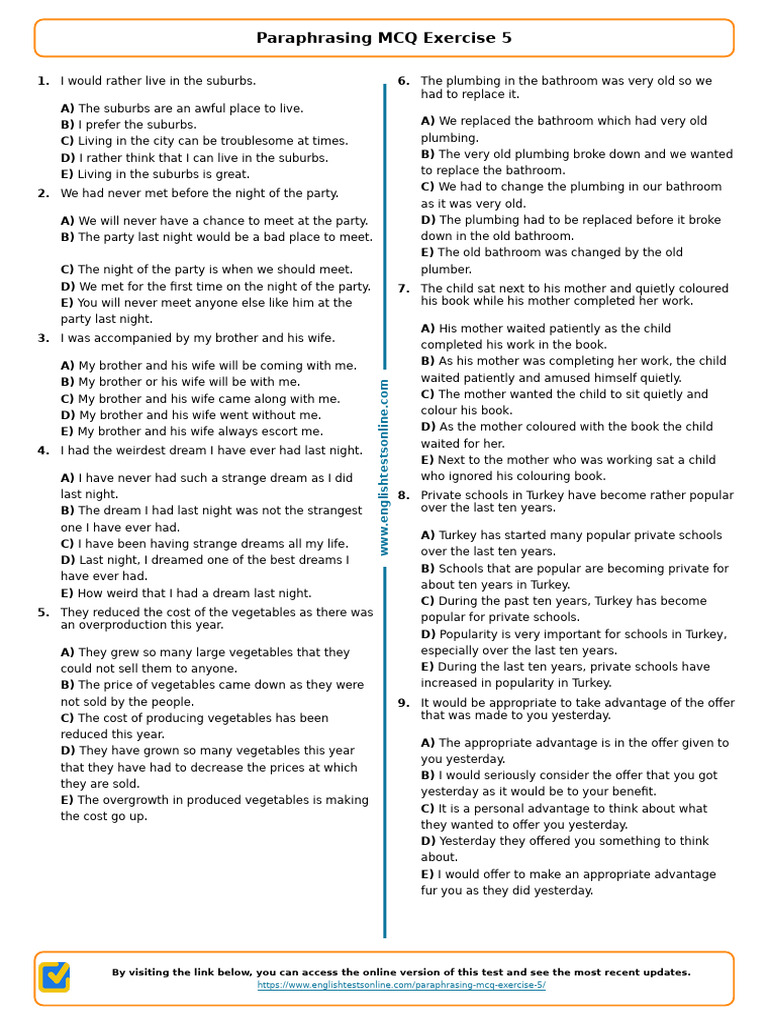 Paraphrasing MCQ Practice Exercise | PDF | Board Of Directors