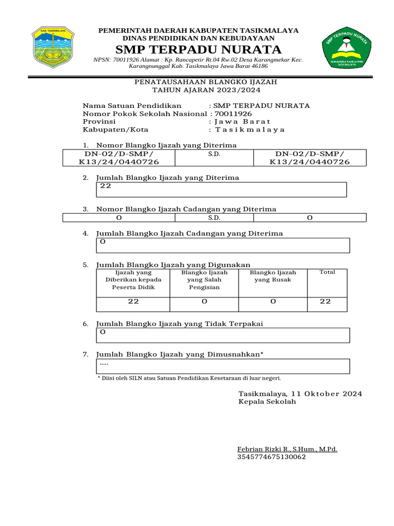 Pelaporan Penggunaan Blangko Ijazah 2024 SMP Terpadu NURATA | PDF