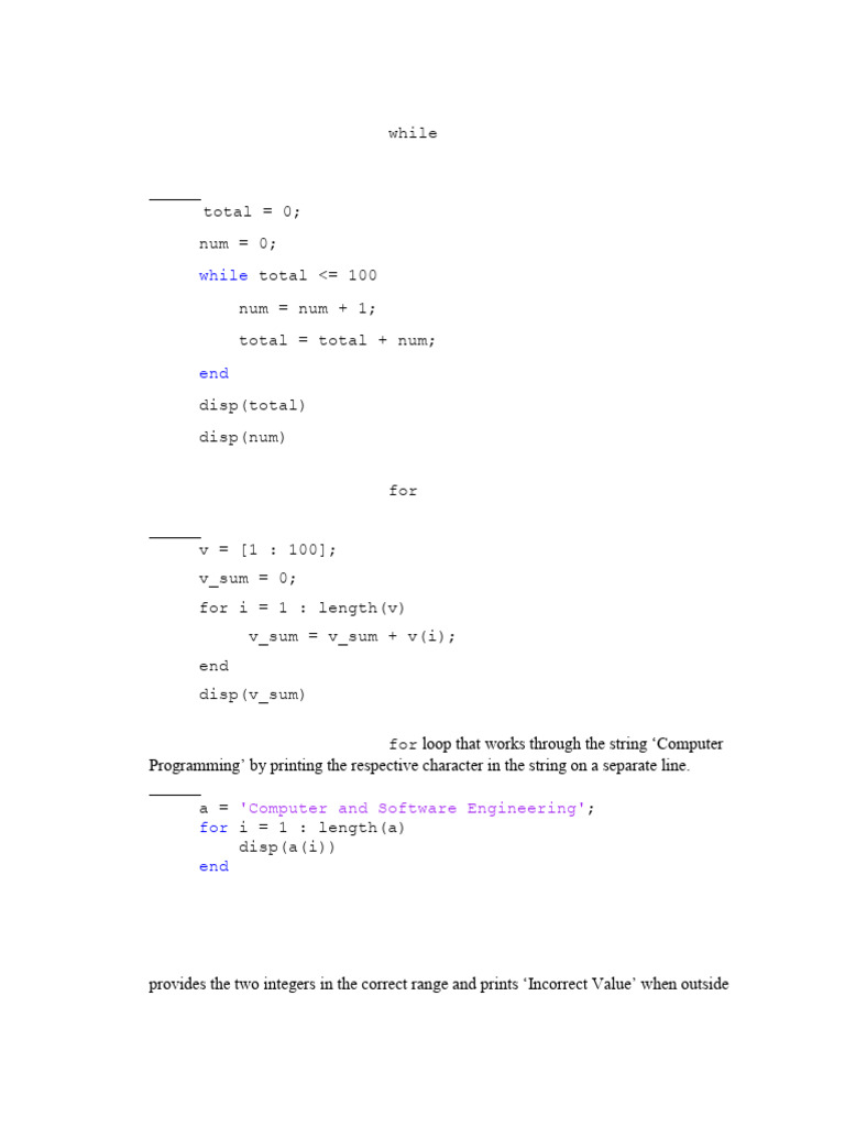 Tutorial Questions On Matlab Pdf Computer Programming Control Flow 5367