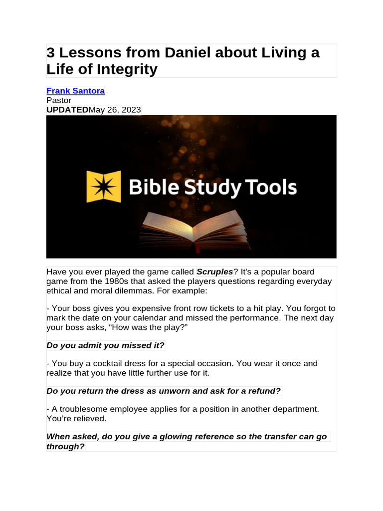 3 Lessons From Daniel About Living A Life of Integrity | PDF | Daniel ...