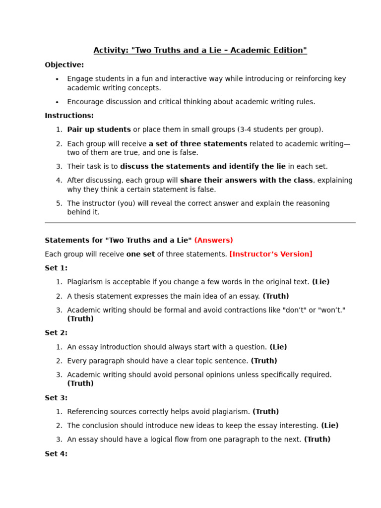 Two Truths and a Lie: Academic Writing Game | PDF | Essays | Truth