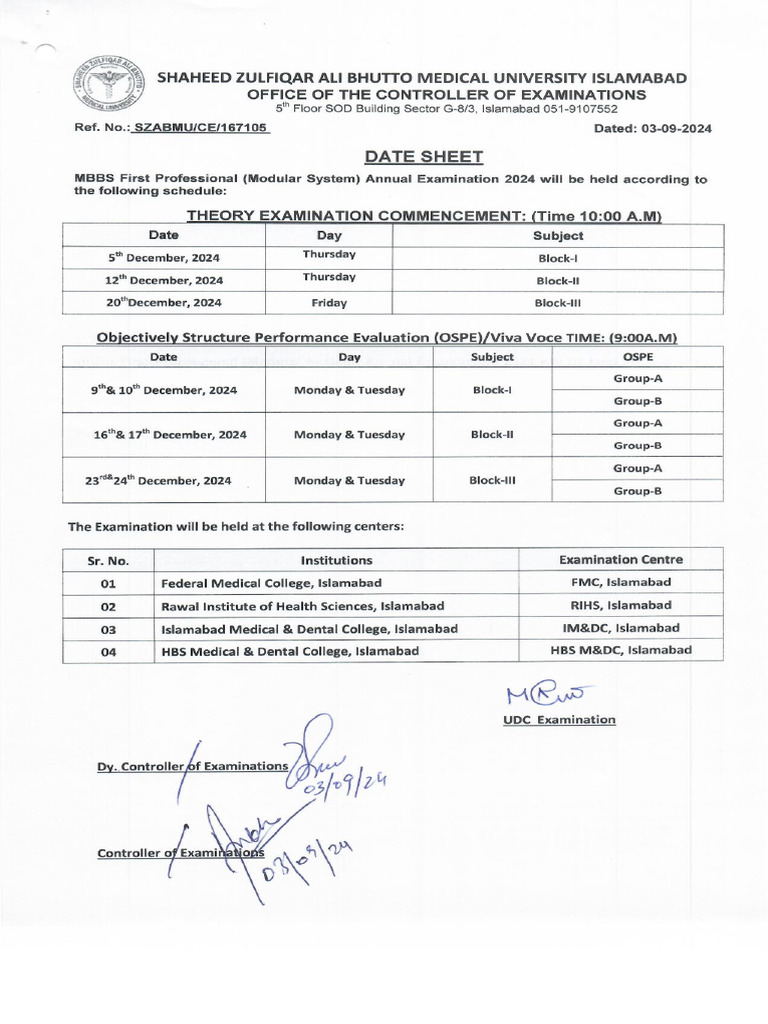 Mbbs Annual 2024 Date Sheet | PDF