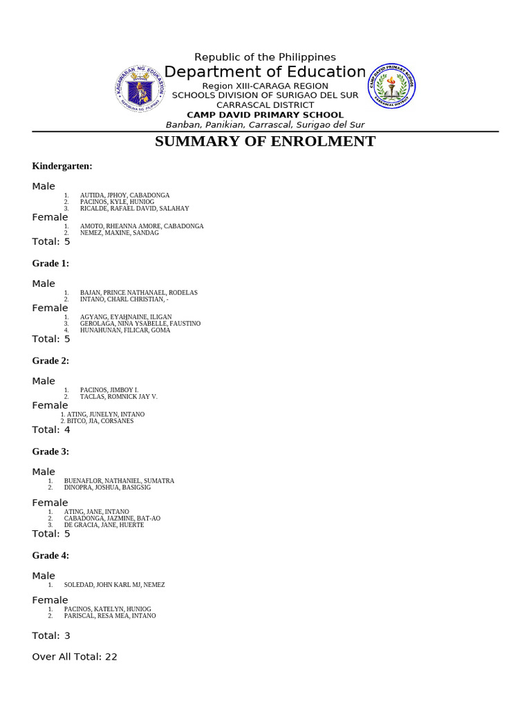 Camp David Primary School Enrollment Summary | PDF