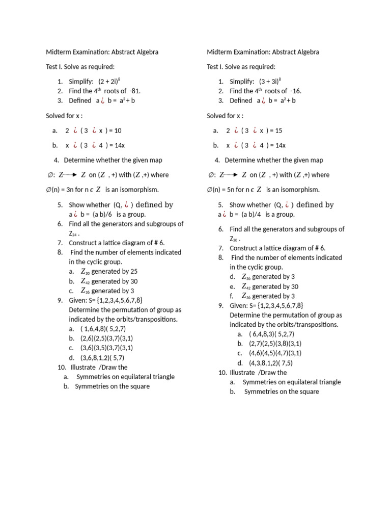 Midterm Examination Abstract Algebra | PDF | Group (Mathematics ...