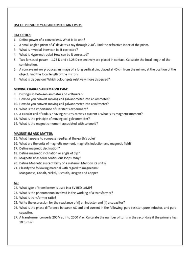 Physics - SAQ and VSAQ - SR IPE | PDF | Inductance | Inductor