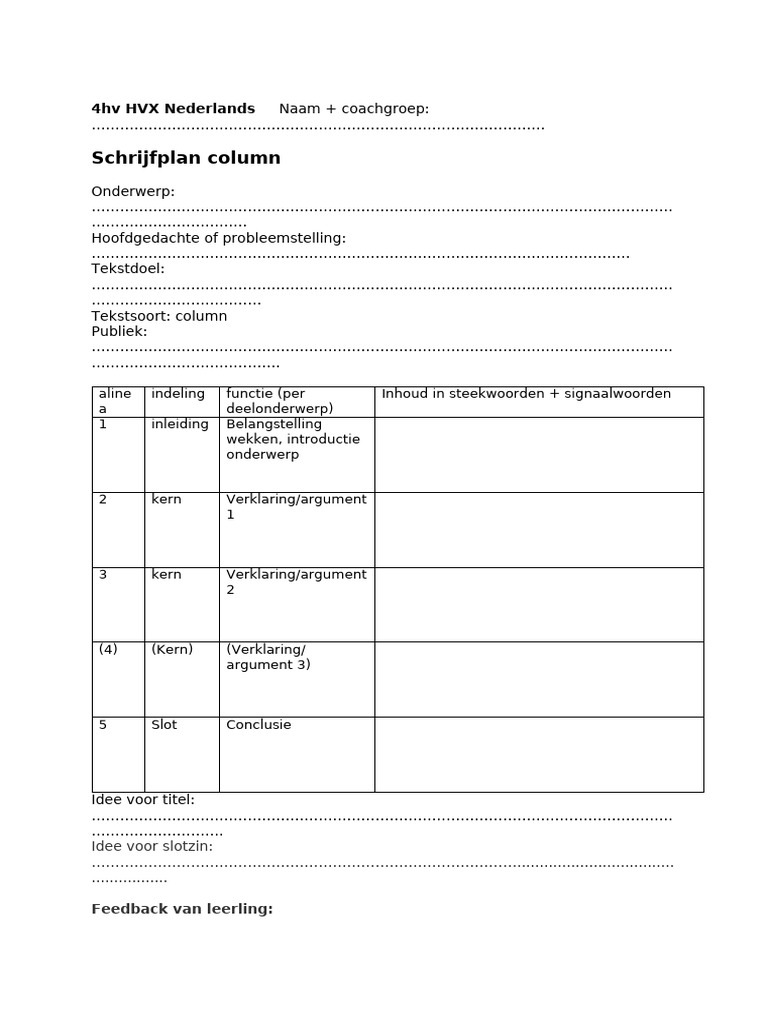 2425 Schrijfplan Column 4hv1 | PDF