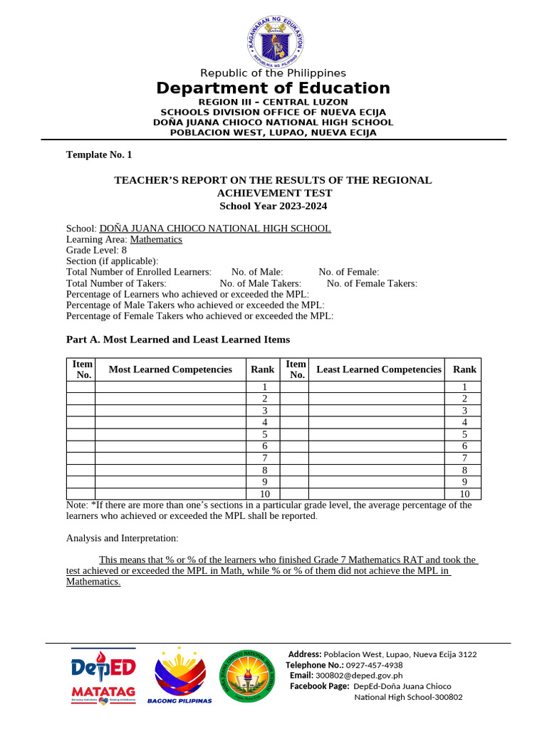 Regional Achievement Test Results 2023 | PDF | Mathematics
