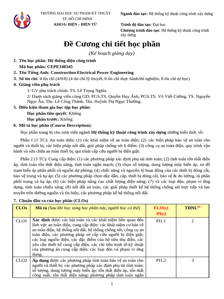 Hệ thống điện công trình CEPE340345 - CTDT 2023 | PDF