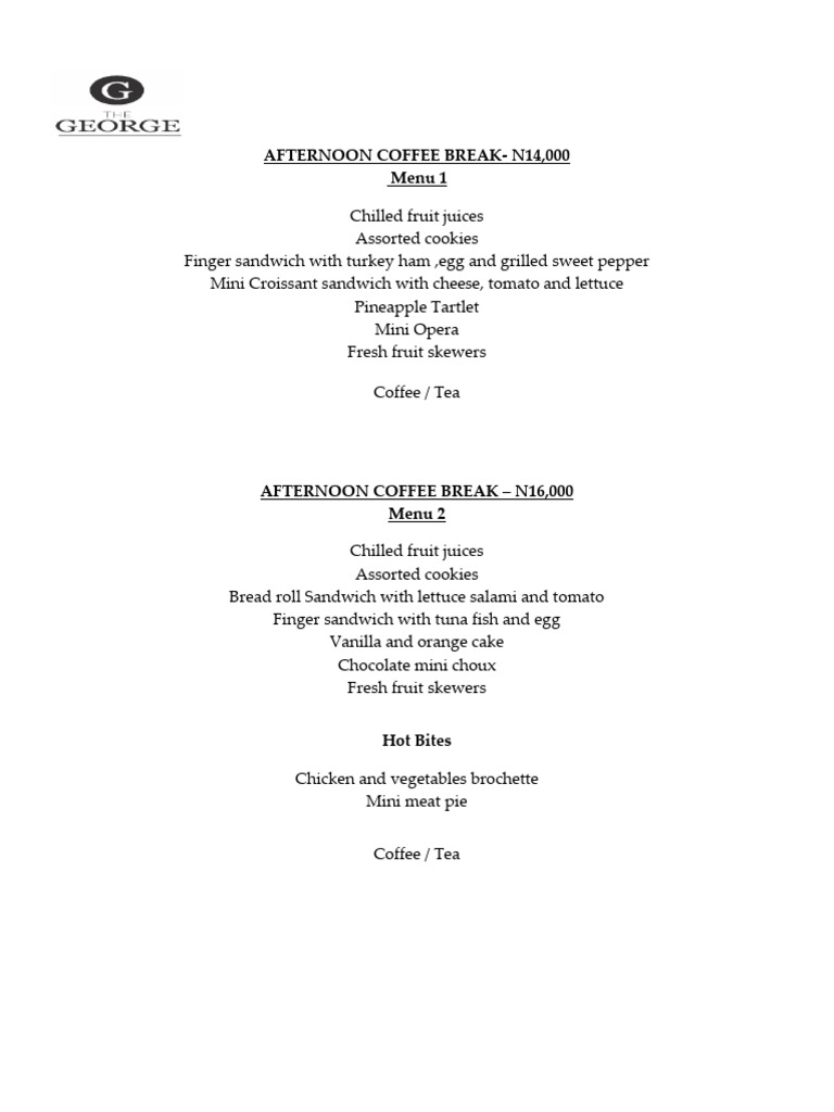 Afternoon Coffee Break Menus in Lagos | PDF