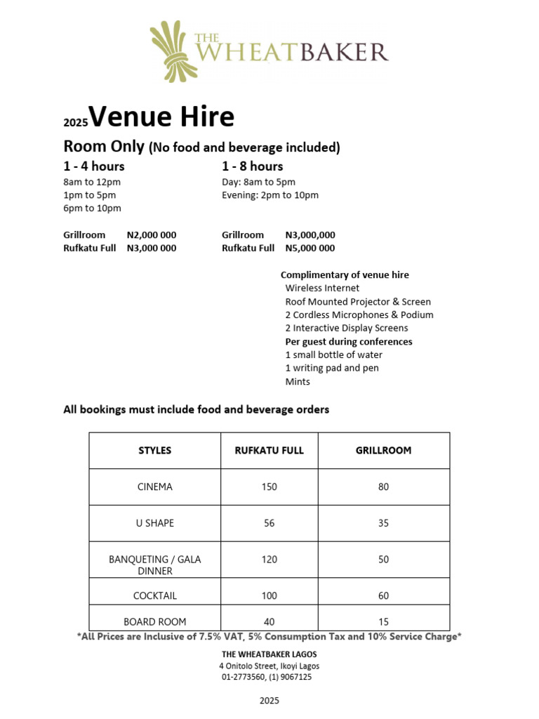 Venue Hire Options at The Wheatbaker | PDF