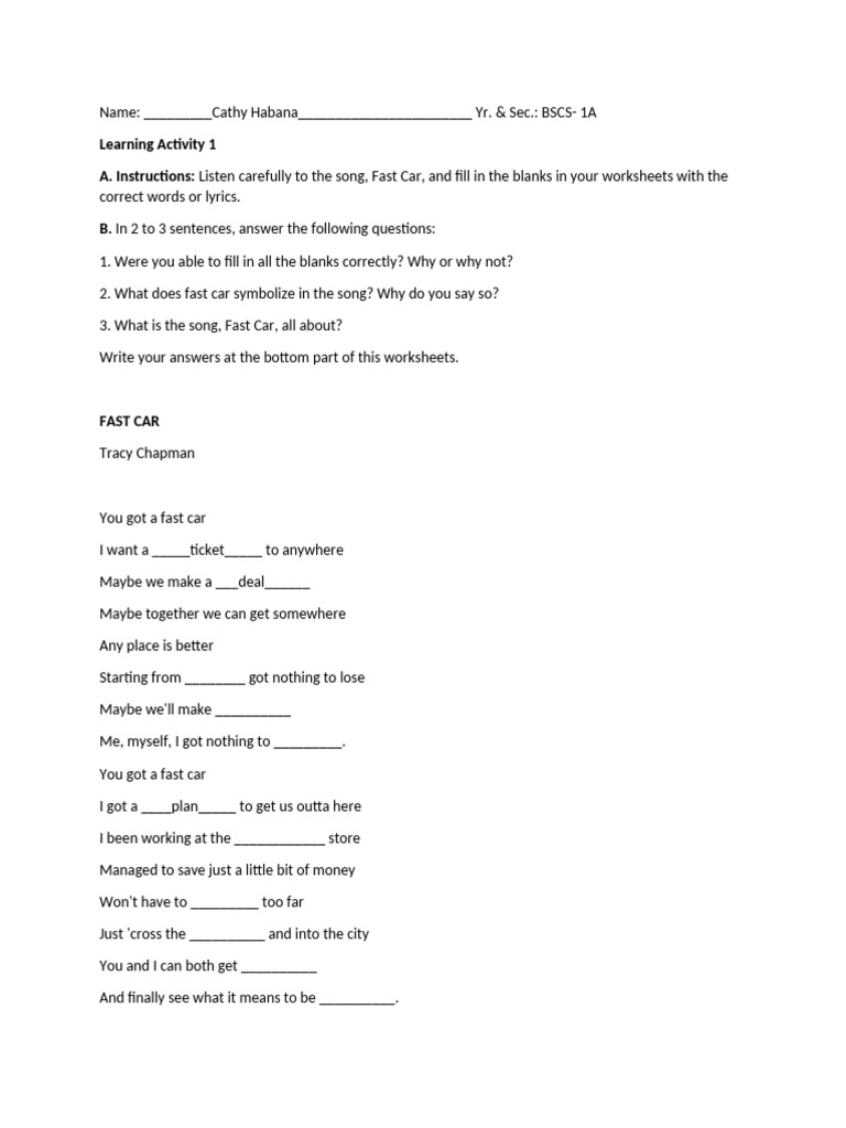 Analyzing Tracy Chapman's Fast Car | PDF