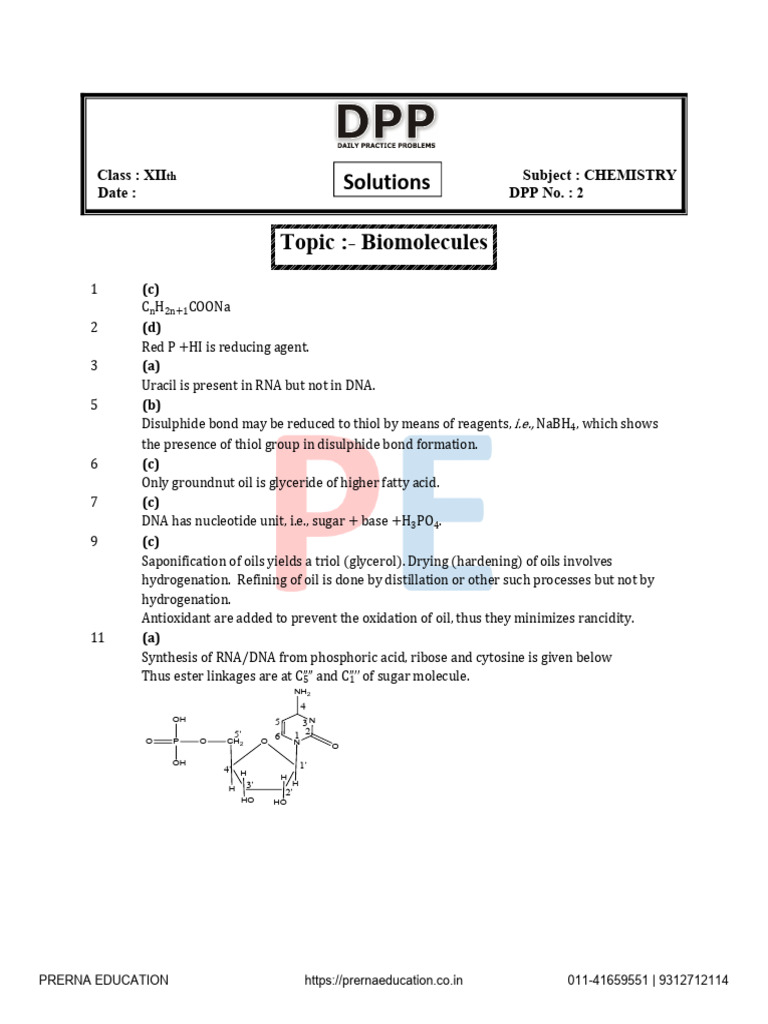 Biomolecules DPP 2 Solutions | PDF | Ester | Biomolecules
