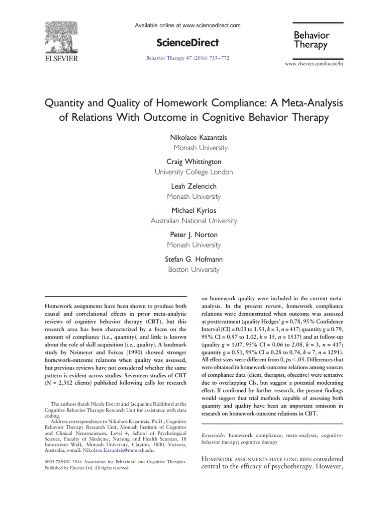 Quantity and Quality of Homework Compliance A Meta-Analysis | PDF ...