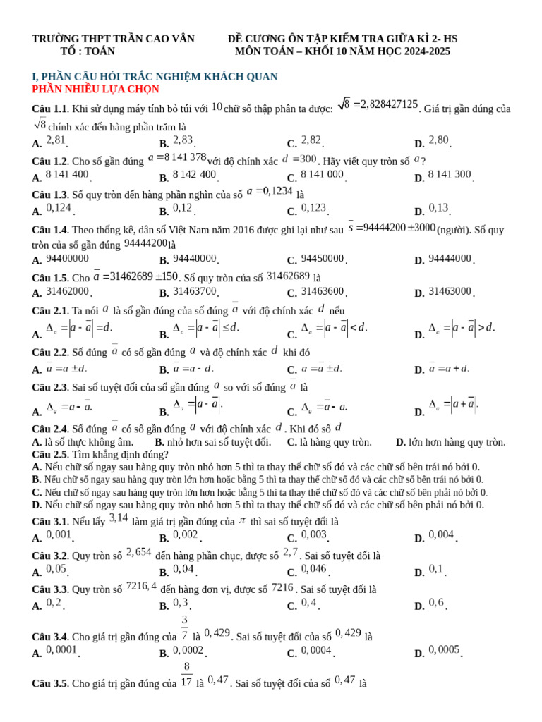 Đề Cương Giữa Hk2 Toán 10 - 2024-2025 - HS | PDF