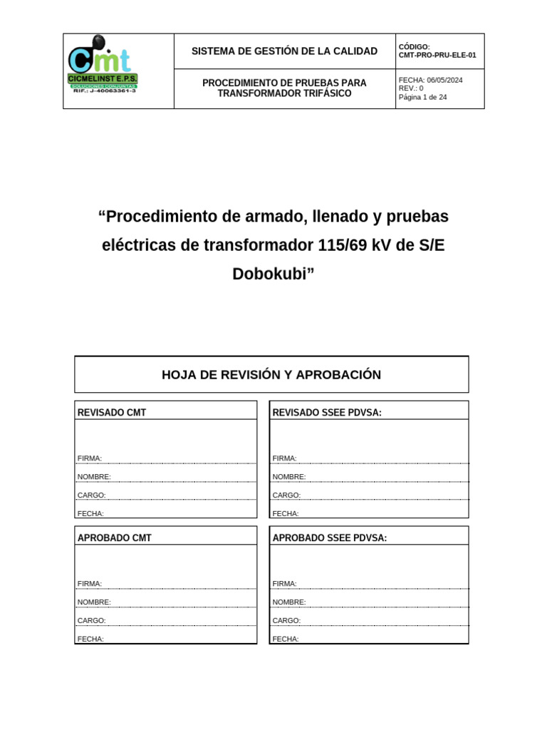 Ctm-Pro-Pru-Ele-01 Procedimiento de Pruebas para Transformador Trifasico | PDF | Transformador ...