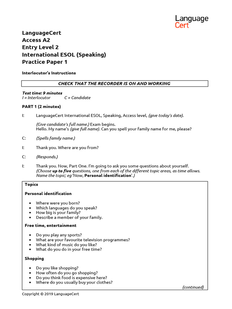 LanguageCert A2 Speaking Exam Guide | PDF