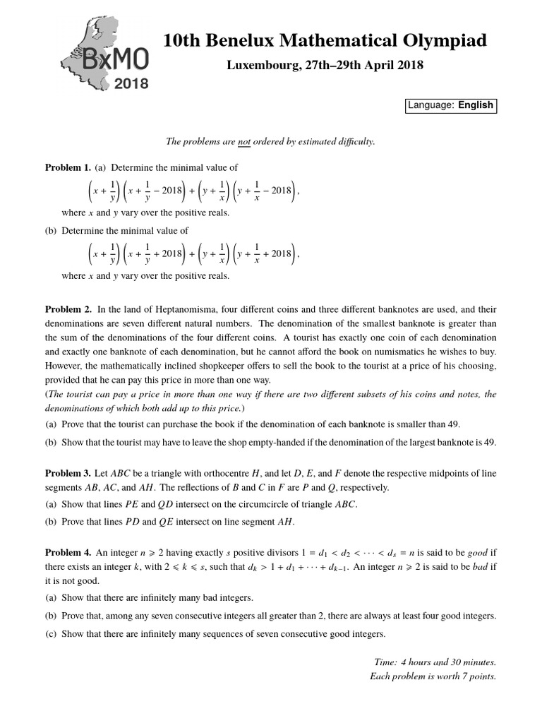 International Competitions Benelux 2018 179 | PDF | Integer | Mathematics