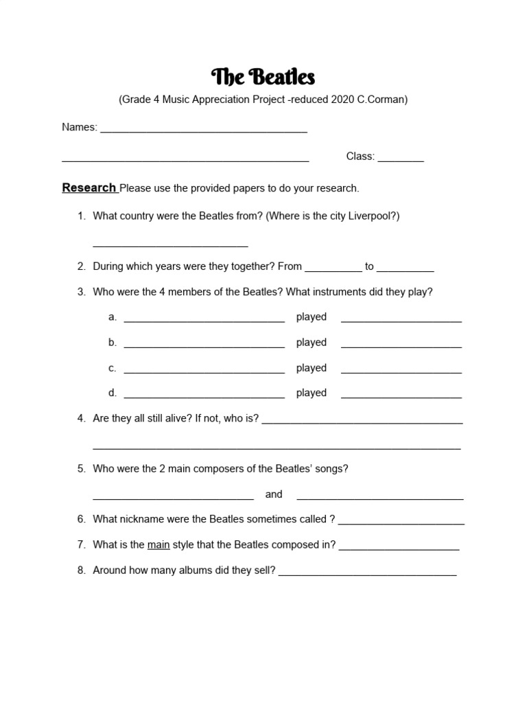 Grade4MusicHistoryTheBeatlesWorksheet-1 | PDF | The Beatles | The ...