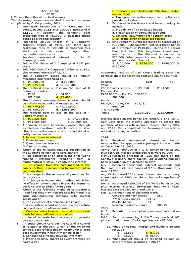 ACC 140 P2 Exam: Investment Transactions | PDF | Investing | Bonds ...