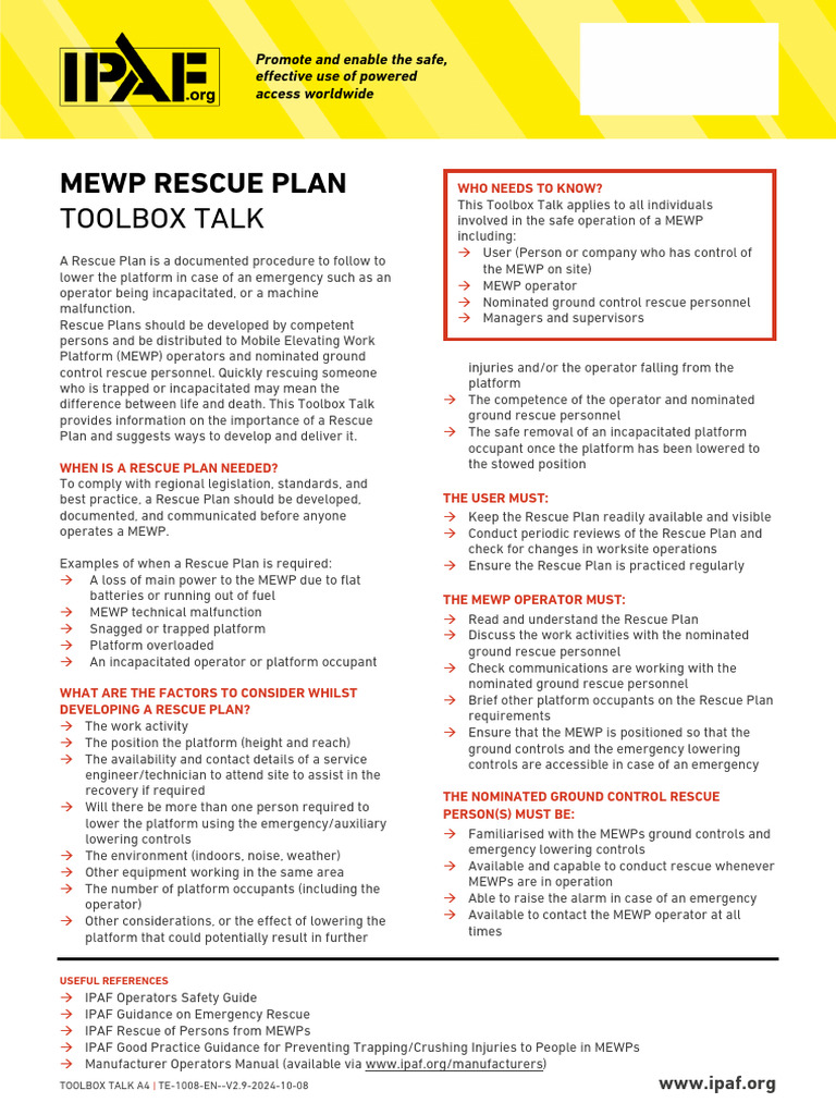 EN - IPAF Toolbox Talk A4 - MEWP Rescue Plan | PDF | Occupational Safety And Health | Safety
