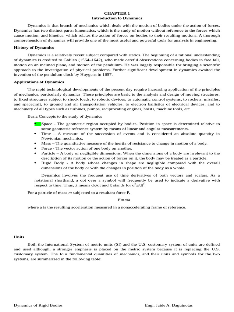 CHAPTER 1 - Introduction to Dynamics | PDF | Classical Mechanics | Force